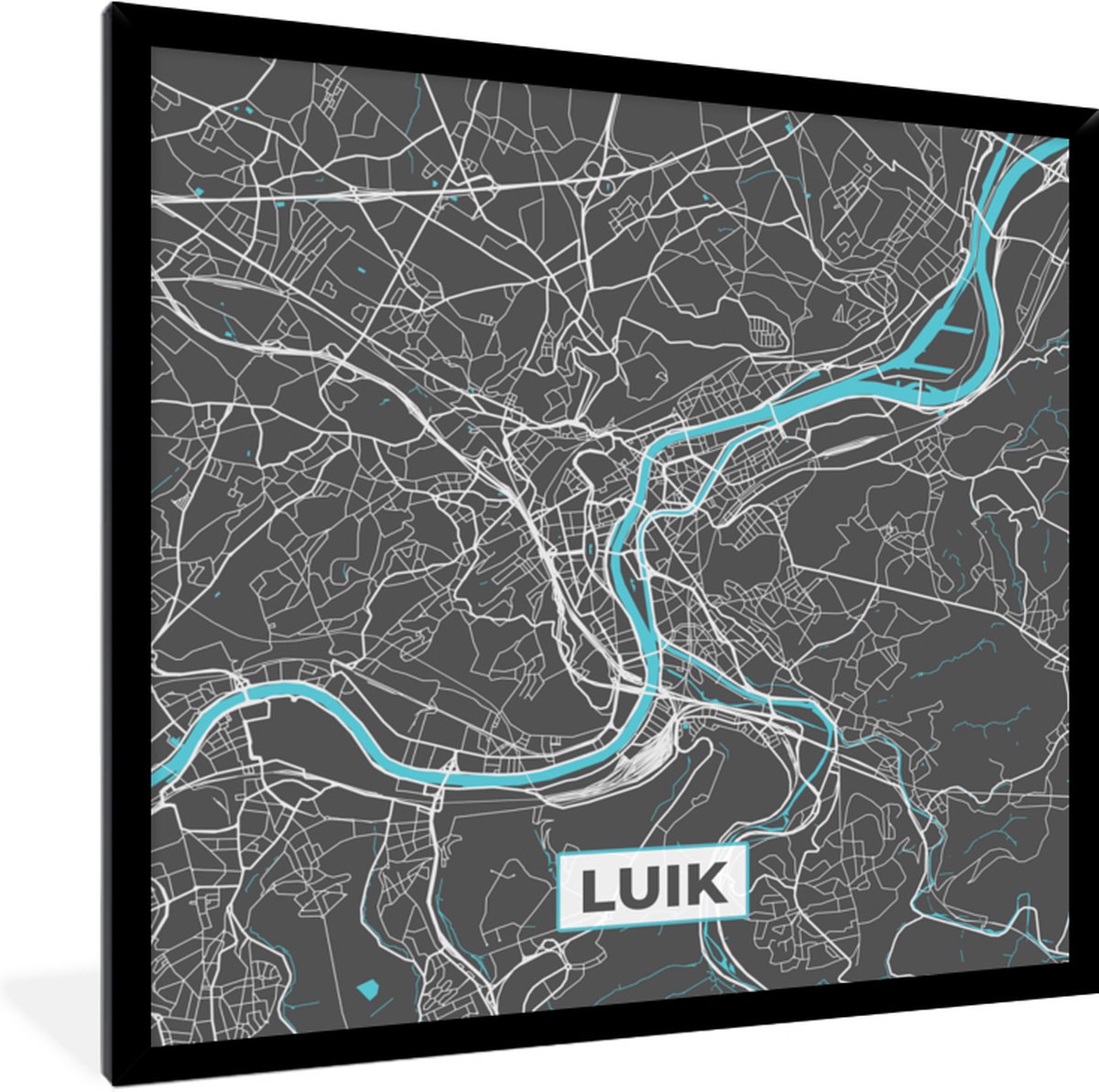 Fotolijst incl. Poster - België – Luik – Stadskaart – Kaart – Blauw ...