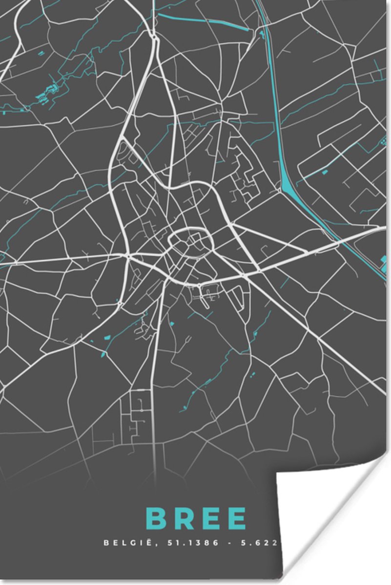 Poster Plattegrond – Bree – Blauw – Stadskaart - Kaart - België - 60x90 ...