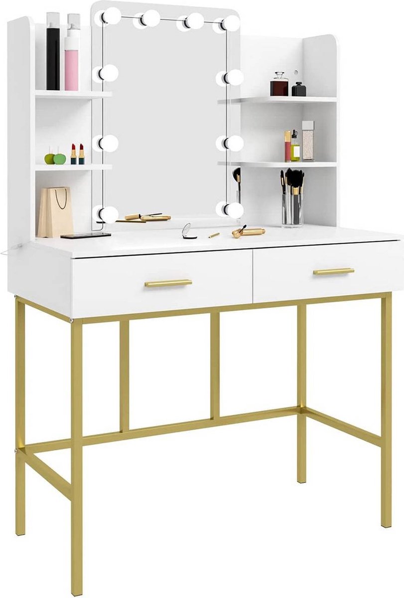 Dressing Tafel Met Spiegel Met LED Verlichting 2 Lades Wit En Goud ...