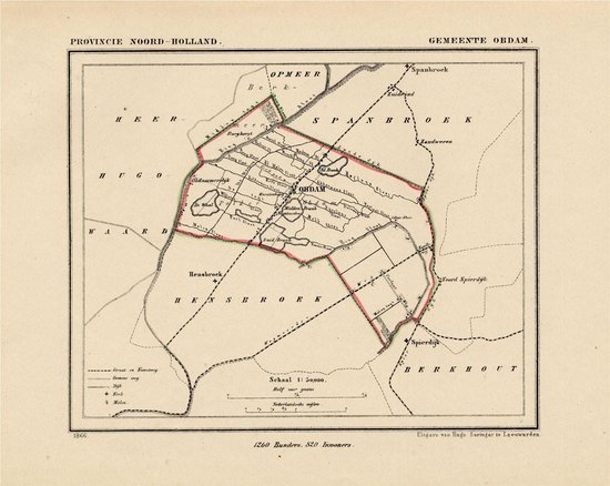 Historische kaart, plattegrond van gemeente Obdam in Noord Holland uit ...