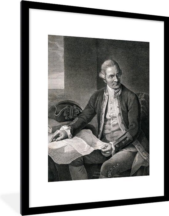 Fotolijst incl. Poster - tekening van een James Cook met kaart - 60x80 ...