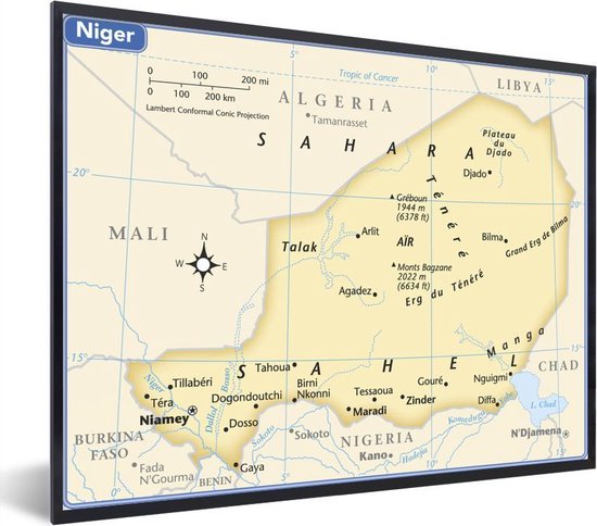 Fotolijst incl. Poster - tekening van een kaart van Niger - 40x30 cm ...