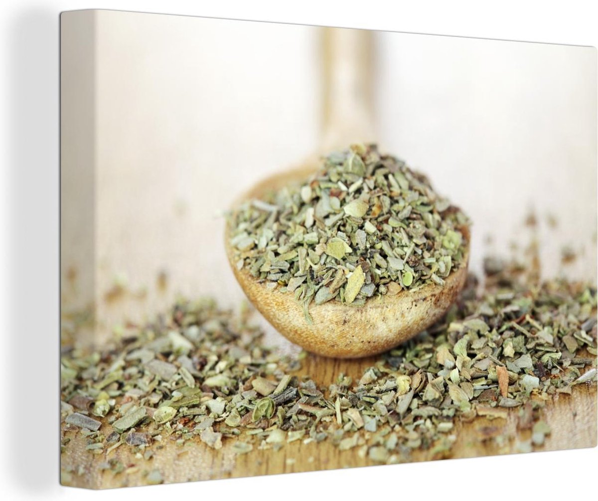 Canvas Schilderij Gedroogde oregano in een houten kom - 140x90 cm ...