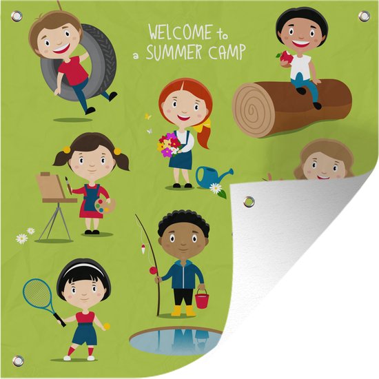 Tuindoek Kinderillustratie van zomerkamp activiteiten met quote ...