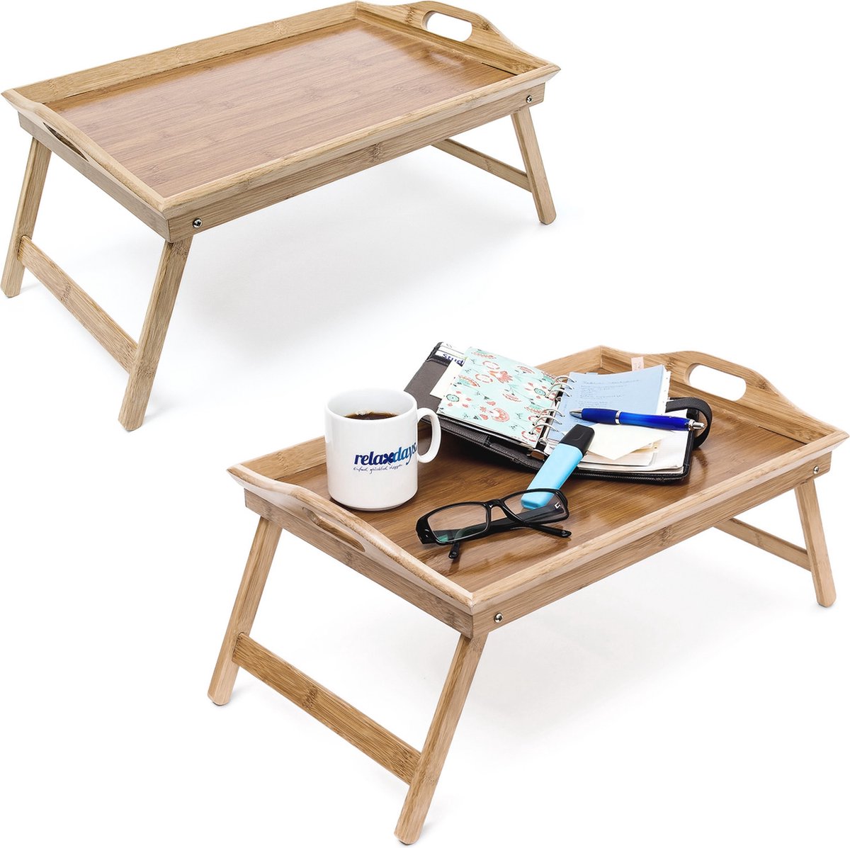 Relaxdays 2x bedtafel bamboe - inklapbare poten - beddienblad - bed ...