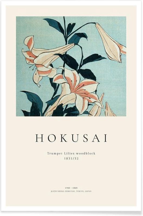 JUNIQE - Poster Hokusai – Trompet lelies -20x30 /Ivoor & Roze | bol.com