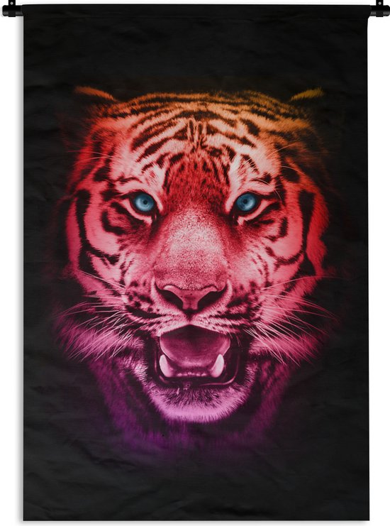 Wandkleed TijgerKerst illustraties - Gekleurde kop van een tijger tegen een zwarte... | bol