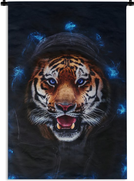 Wandkleed TijgerKerst illustraties - Tijger met een capuchon tussen de blauwe lichten... | bol