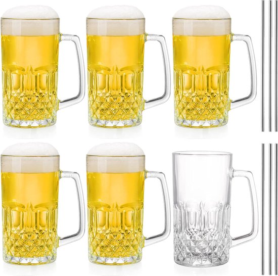 6 stuks glazen bierpul van 473 ml grote bierglazen stenen met handvat en... | bol