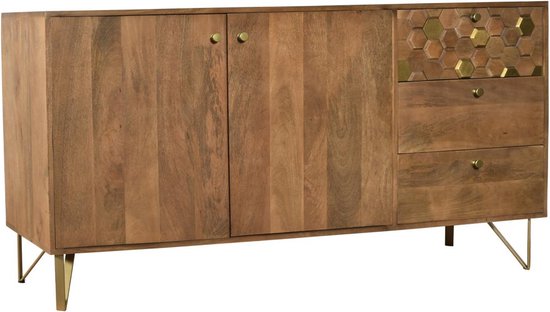 Buffetkast met 2 deurtjes en 3 lades in mangohout en metaal - Donkere ...