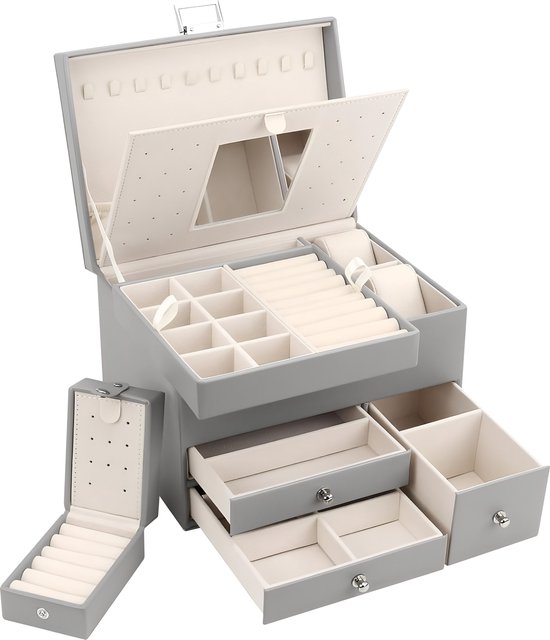 Sieradendoos organizer, 3 lagen grote PU sieraden opbergkoffer met ...