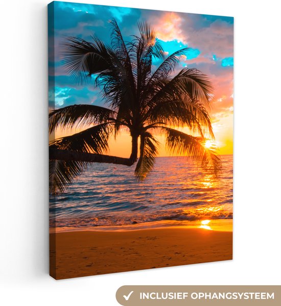 Canvas - Strand - Zee - Palmboom - Wanddecoratie - 120x160 cm - Canvas doek - Canvas... | bol