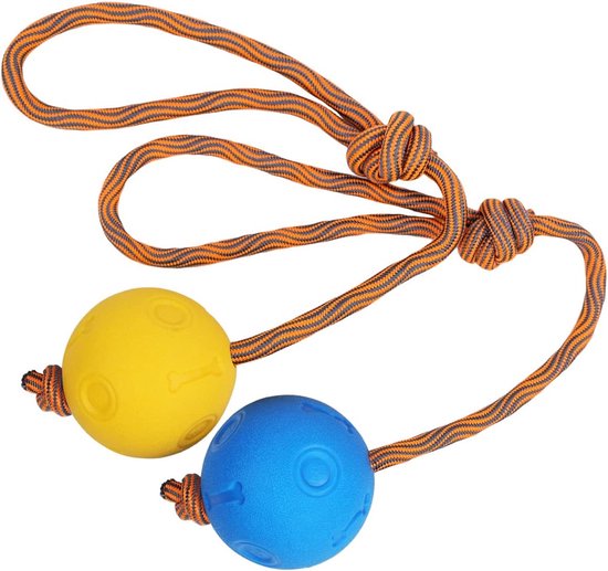 Bal met Touw - Voor hond - Duurzaam rubber - Blauw + Geel - 5 cm | bol