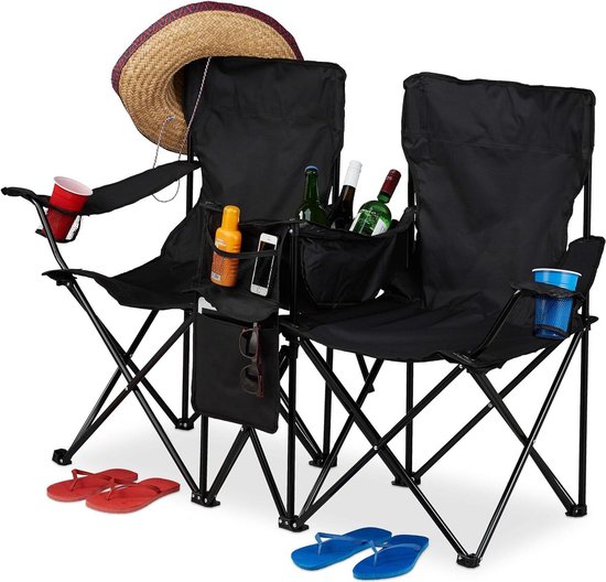 Double Camping Chair Portable Folding Chair with Cup Holder Cooler Bag ...