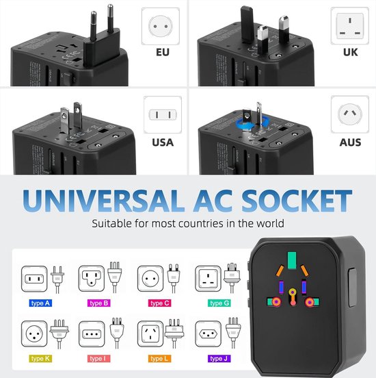 Wereldwijde reisstekker met 4 USB 1 type C en 1 AC-stopcontact ...