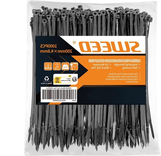 Zwarte kabelbinders UV-bestendig 1000 stuks - 200 mm - 22 kg ...