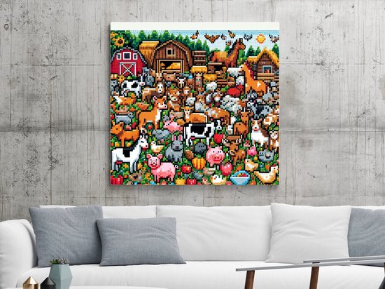 Pixel art vee schilderij | Boerderijdieren in levendige pixels: een ...