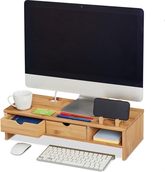 Monitorstandaard bamboe met open vak en 2 lades - verhoging voor ...