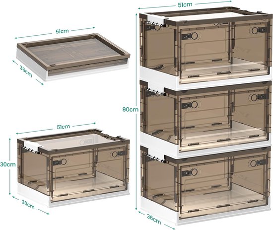 Set van 3 grote opvouwbare opbergdozen van 72 liter met deksel en ...