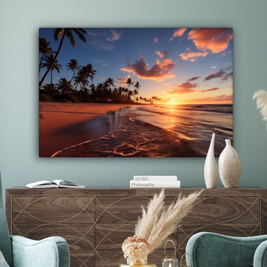 Canvas Schilderij 120x80 cm - Zonsondergang - Zee - Horizon - Strand - Palmbomen -... | bol