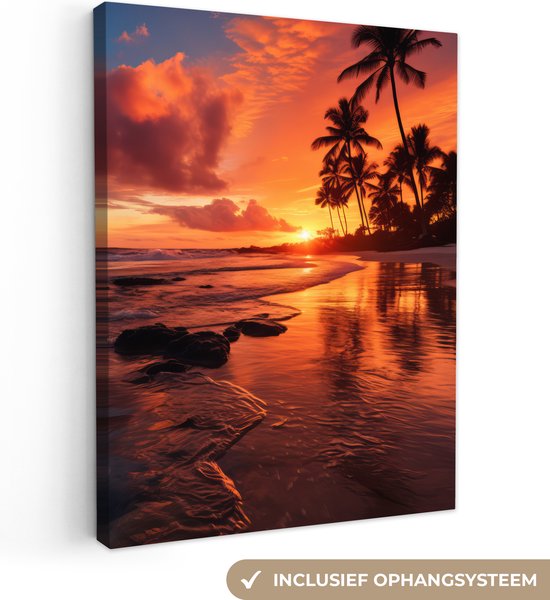 Canvas Schilderij 60x80 cm - Zonsondergang - Palmbomen - Strand - Zee - Horizon -... | bol
