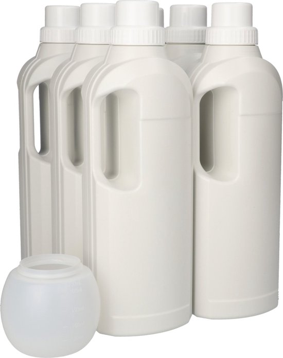 6x Gerecyclede Ovale Fles 1000ml met Doseerdop & Wasbol - Lege Flessen ...