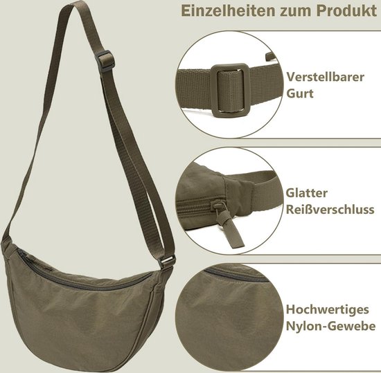 Crossbody Bag voor dames, - olijfgroen - groen - halve maan tas, nylon ...