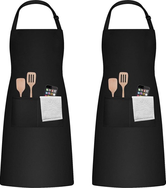 Set van 2 schorten, zwart, verstelbaar katoenen linnen kookschort ...