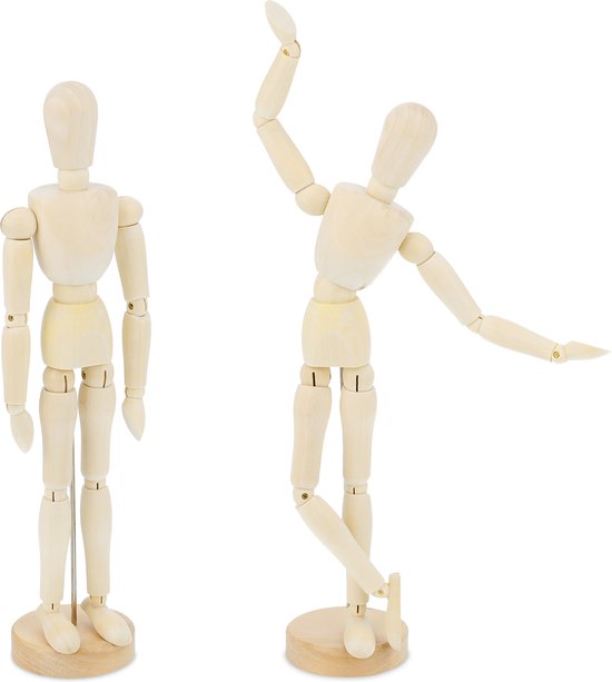 2x houten tekenpop - ledenpop - beweegbaar - tekenhulp - met voet ...