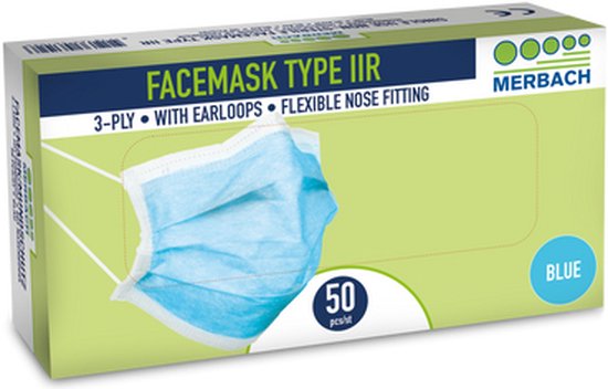 Merbach mondmasker blauw 3-lgs IIR oorlus - 8 x 50 stuks ...