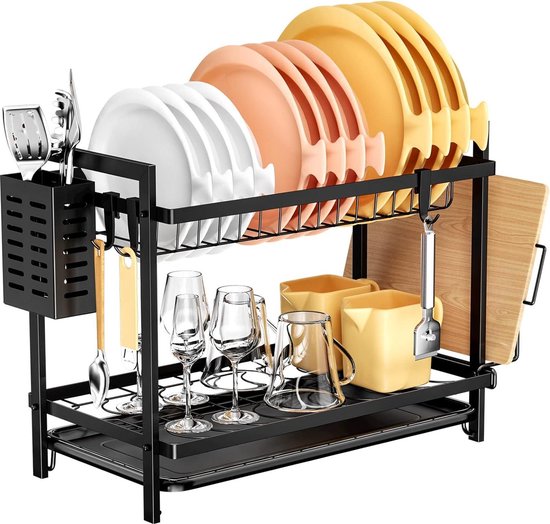 Afdruiprek voor servies 2 niveaus zwart klein met afneembare haak en ...