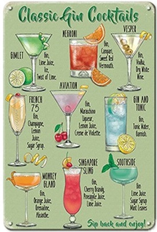 Wandbord met Classic Gin Cocktails Recepten – Gin Cocktails | bol