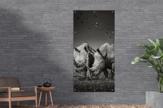Wanddecoratie buiten Neushoorn - Vogel - Dieren - Landschap - Zwart wit ...