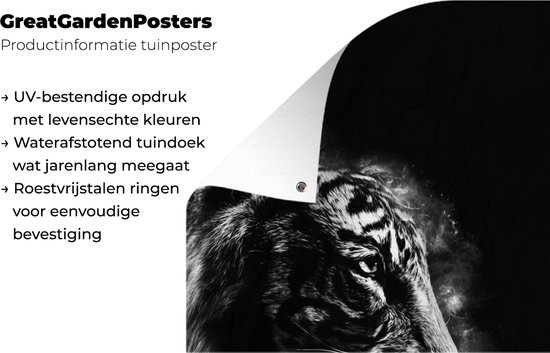 Tuinposters buiten Magisch beeld met de kop van een tijger op een zwarte achtergrond -... | bol.com