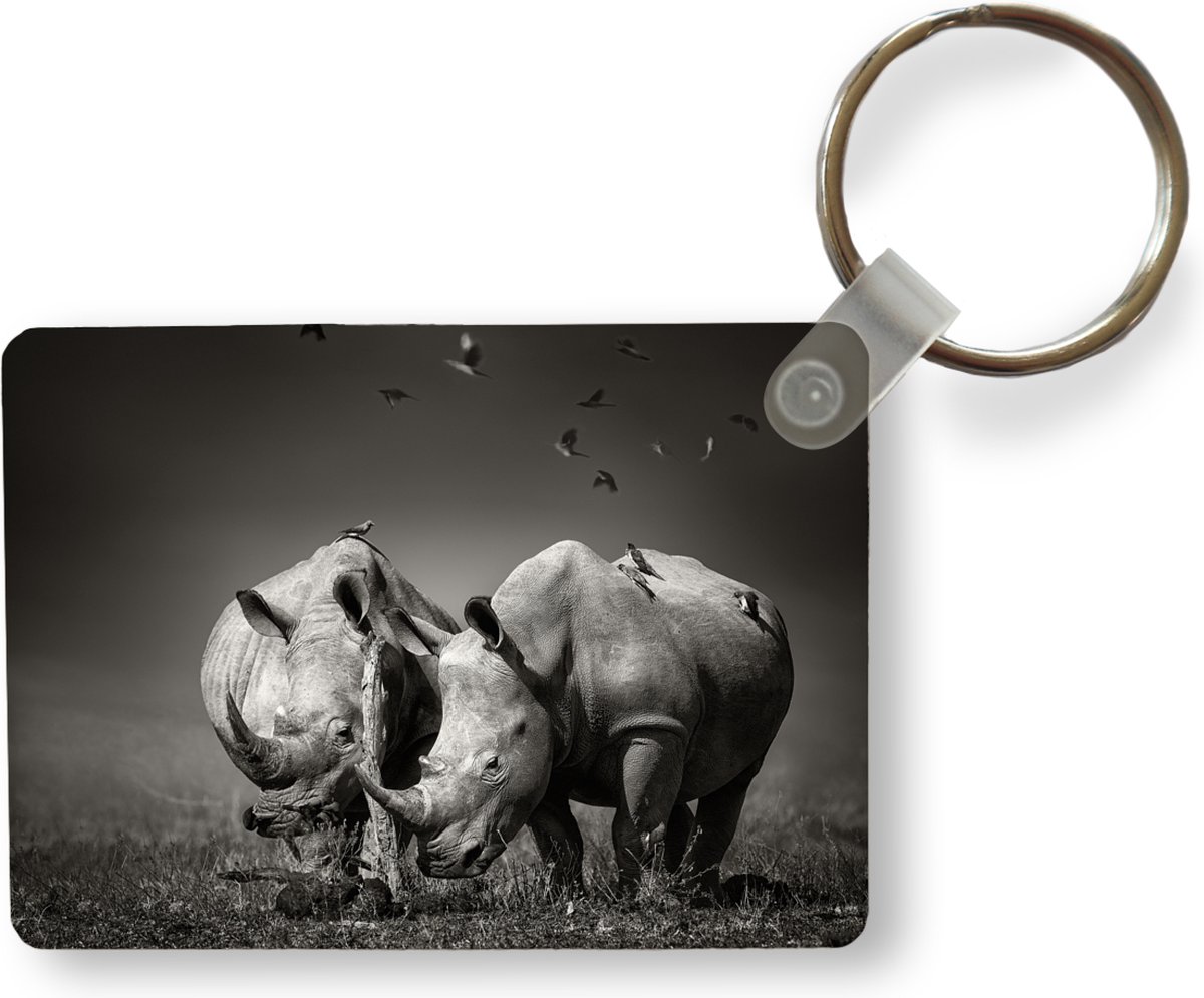 Sleutelhanger - Neushoorn - Vogel - Dieren - Landschap - Zwart wit ...