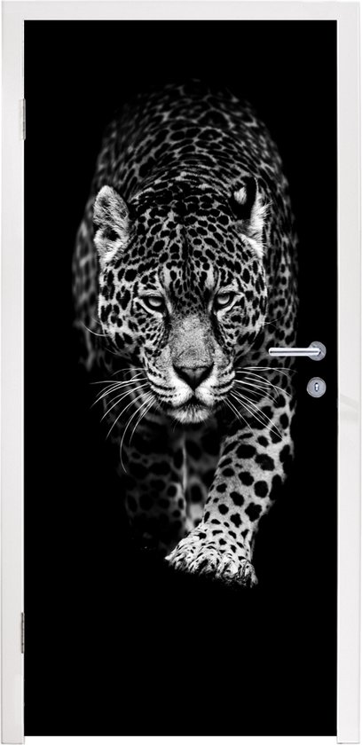 Deursticker Dieren - Zwart - Luipaard - Wit - Wild - 85x205 cm - Deurposter | bol.com