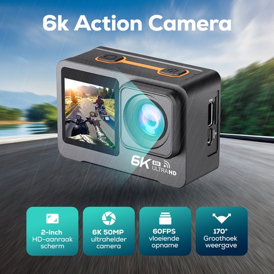 Action Camera 6K - 50MP / 60FPS / WiFi / 30M Waterdicht - Actiecamera ...