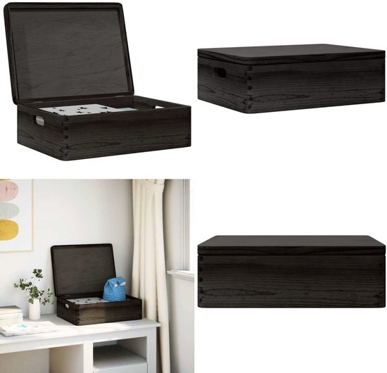 vidaXL Houten kist met deksel&handvatten 40x30x13cm grenenhout zwart ...