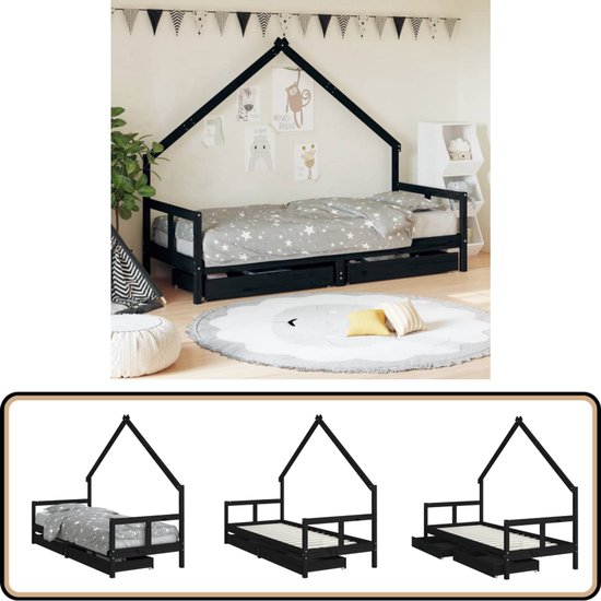 vidaXL Kinderbedframe - 80x200 cm - Grenenhout - Zwart Kinderbed ...