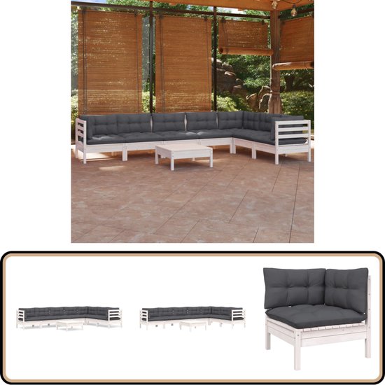 vidaXL Loungeset 8-delig - Grenenhout - Wit Loungeset - Tuinset ...