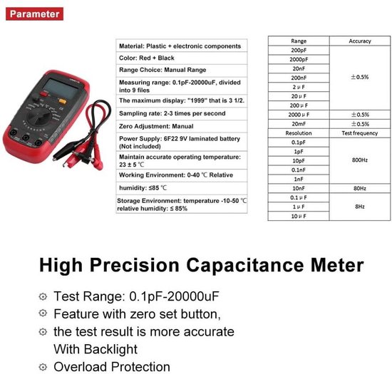 Digitale capaciteitsmeter condensatortester 01pF-20000uF met... | bol