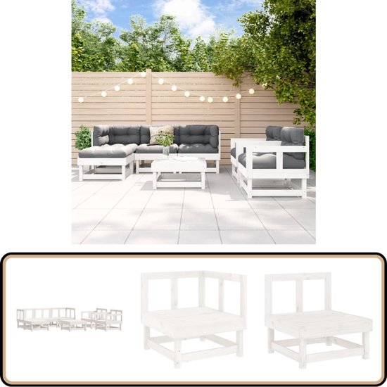 vidaXL Loungeset 7-delig - Massief Grenenhout - Wit Loungeset - Tuinset ...