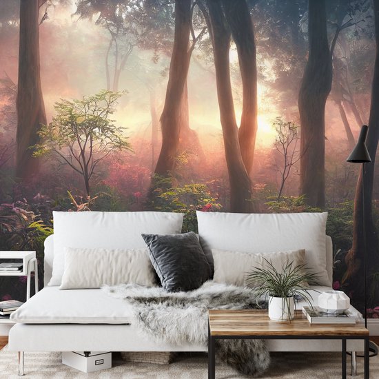 Fotobehang Colorful Sunset Forest Scenery With Beautiful Trees And ...