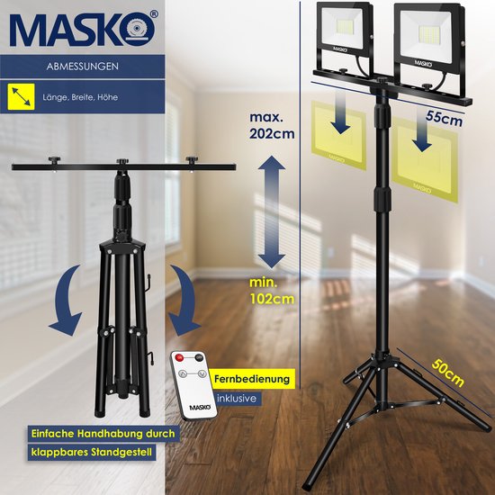 MASKO® LED Bouwlamp op statief 2x 50W - Buitenlamp 6500K met ...