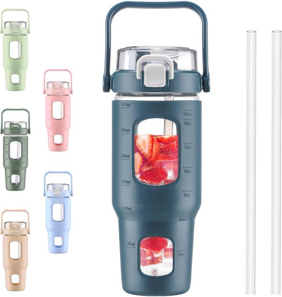 BLUEGO Glazen waterflessen van 32 oz met rietje, tijdmarkering, halve ...