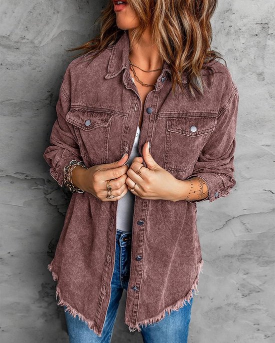 Oversized Denim Jeans Jas voor Dames met Gefrayde Afwerking, Lange ...