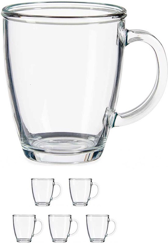 Set van 6x stuks koffie/theeglazen 320 ml met oor transparant glas - Stevig kwaliteitsglas | bol