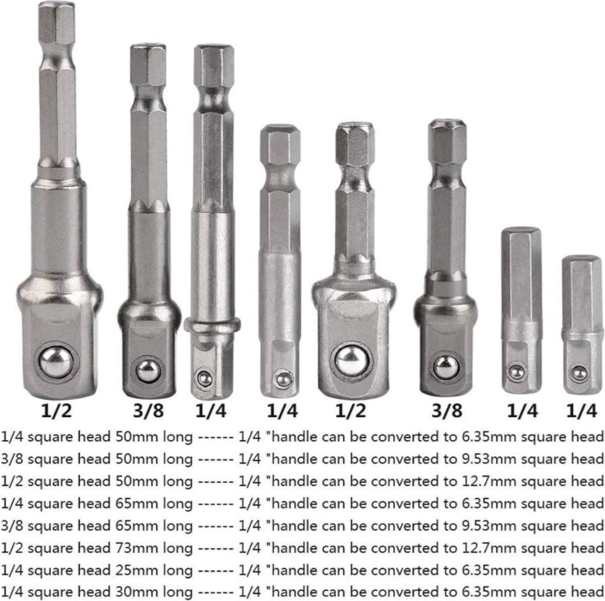 Dopadapter 8-delige set 1/4" zeskantadapter naar 1/4" 3/8" 1/2 ...