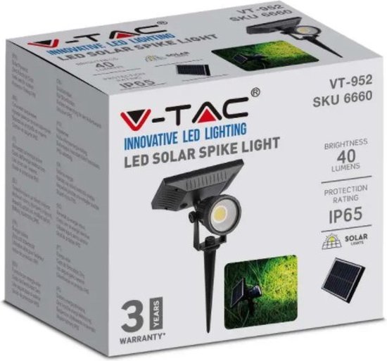 V-tac VT-952/4 - 4-pack Solar LED grond prikspot- 2W - 3000K - 40 Lumen - IP65 - Zwart | bol.com