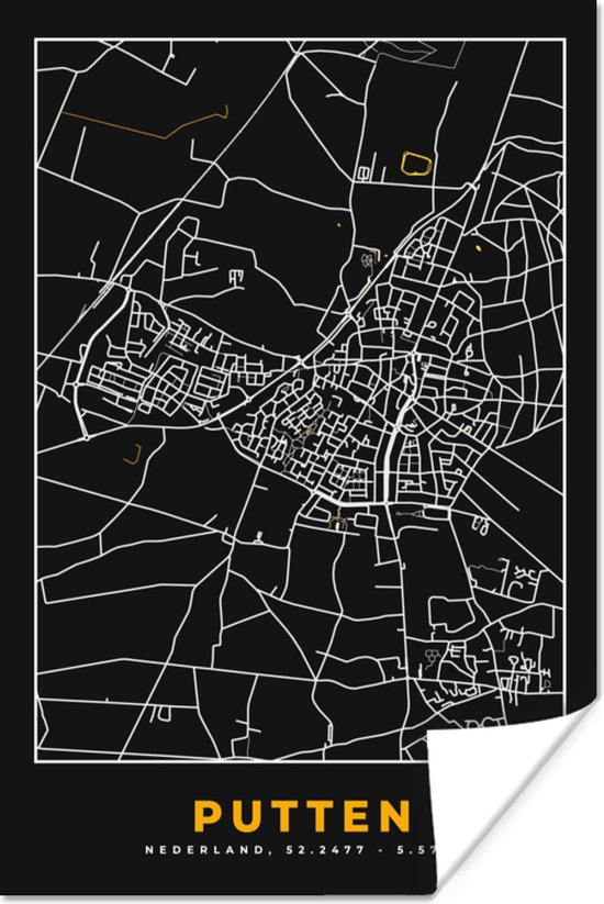Poster Putten - Stadskaart - Black and Gold - Plattegrond - Kaart ...